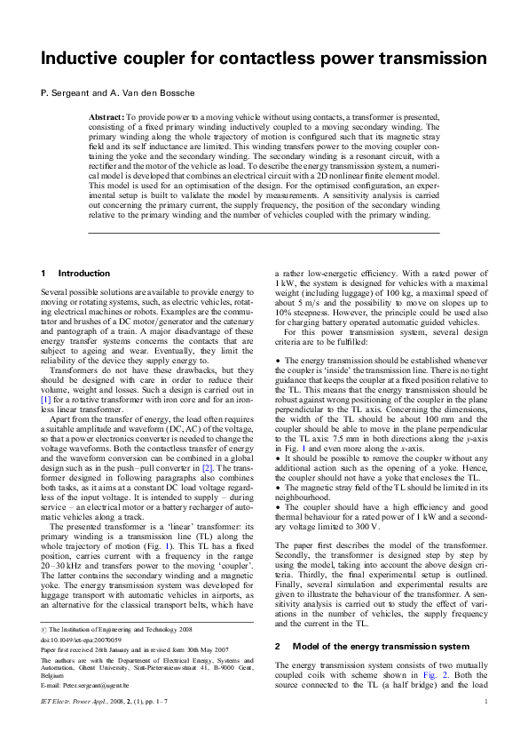 (PDF) Inductive coupler for contactless power transmission