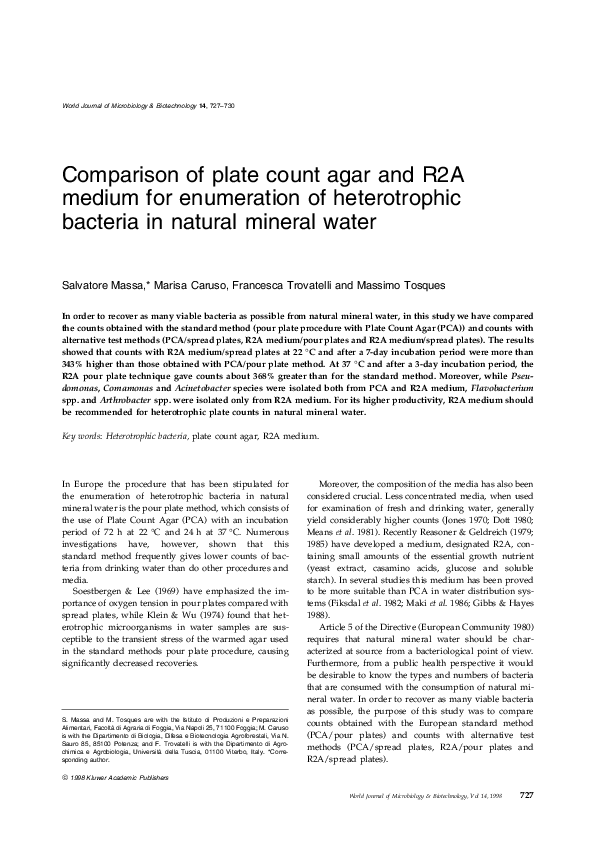 (PDF) Comparison of plate count agar and R2A medium for enumeration of ...
