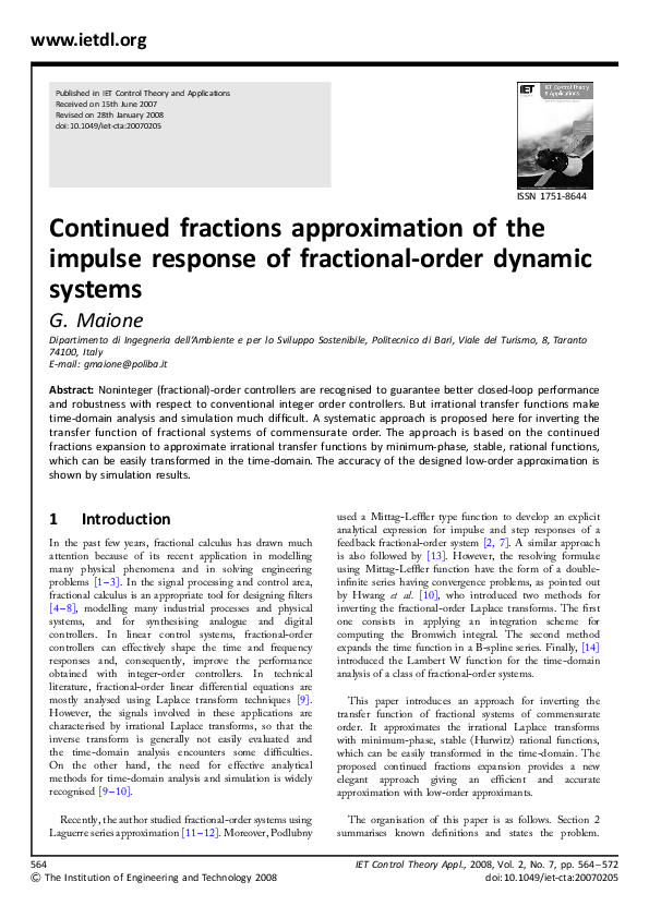 Pdf Continued Fractions Approximation Of The Impulse Response Of Fractional Order Dynamic Systems