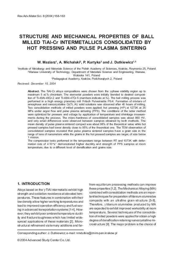 (PDF) Structure and mechanical properties of ball milled TiAl-Cr ...