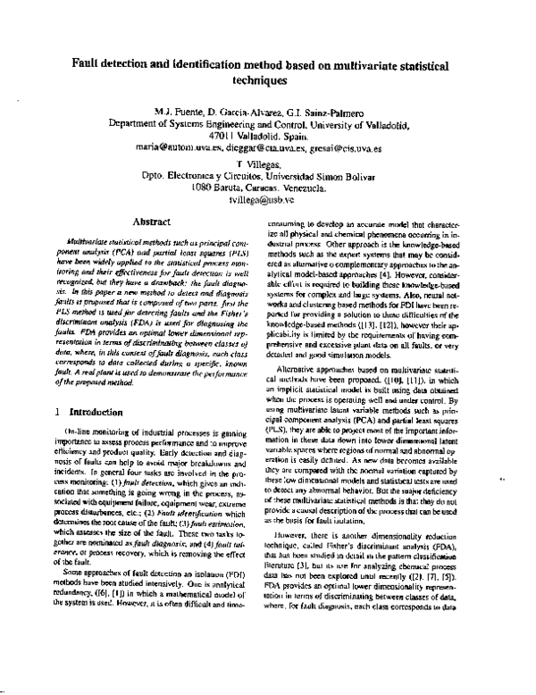 Pdf Fault Detection And Identification Method Based On Multivariate Statistical Techniques