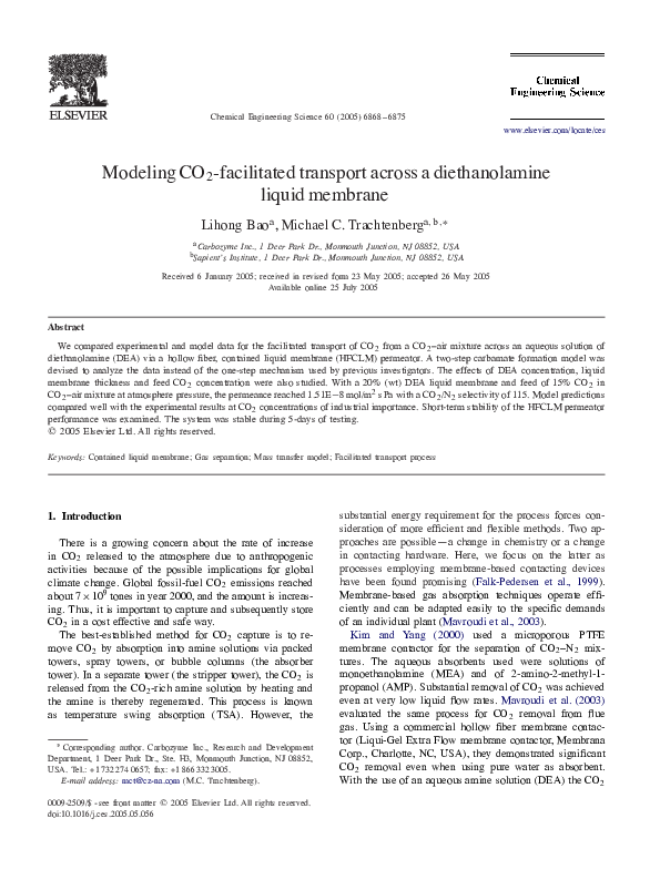 (PDF) Modeling CO2-facilitated transport across a diethanolamine liquid membrane