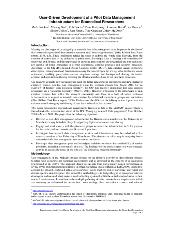 Pdf Requirements For The User Driven Development Of A Pilot Data Management Infrastructure For 