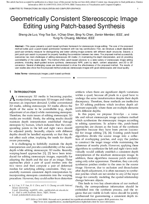 (PDF) Geometrically Consistent Stereoscopic Image Editing Using Patch-Based Synthesis