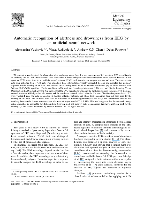 Pdf Artificial Neural Network For Detecting Drowsiness From Eeg