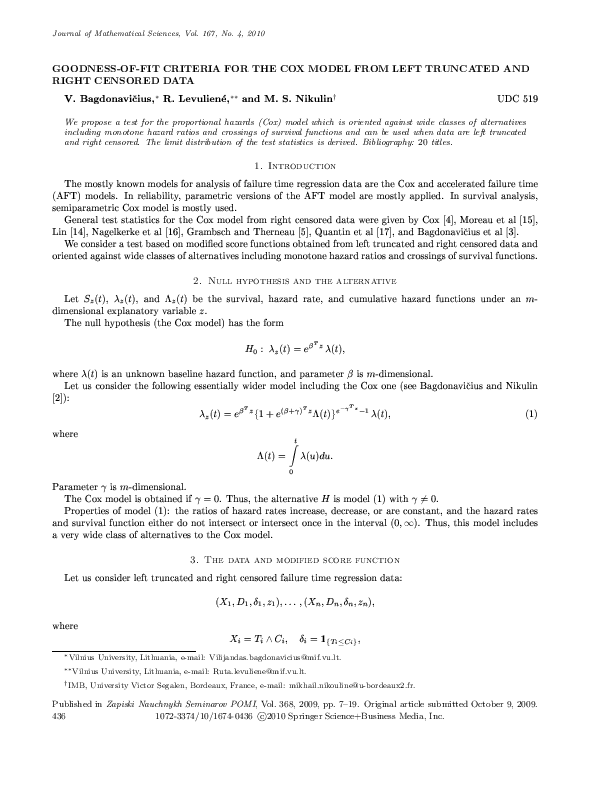 Pdf Goodness Of Fit Criteria For The Cox Model From Left Truncated And Right Censored Data