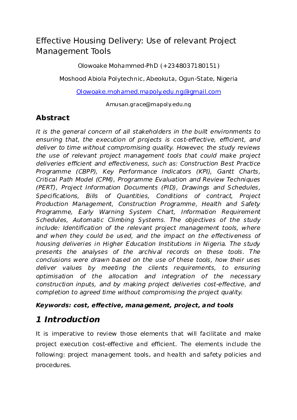 (DOC) Effective Housing Delivery: Use of relevant Project Management Tools