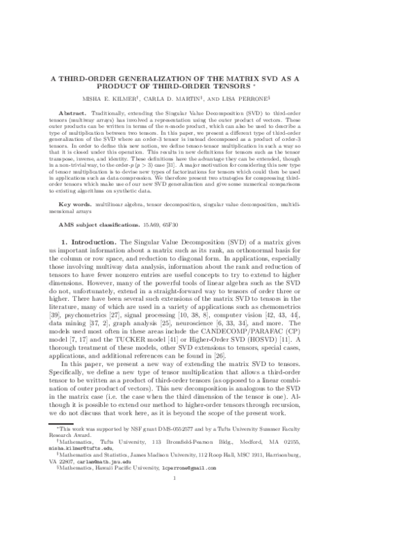 Pdf A Third Order Generalization Of The Matrix Svd As A Product Of Third Order Tensors