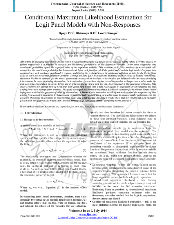 (PDF) Conditional Maximum Likelihood Estimation for Logit Panel Models with Non-Responses