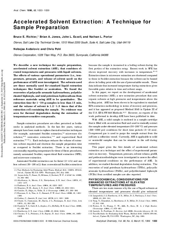 Pdf Accelerated Solvent Extraction A Technique For Sample Preparation