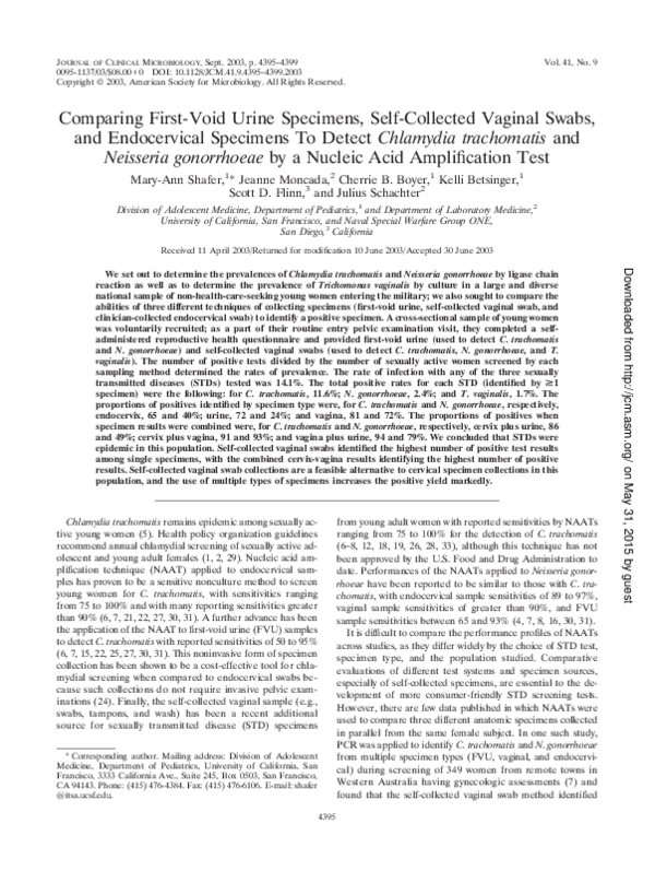 (PDF) Comparing First-Void Urine Specimens, Self-Collected Vaginal Swabs, and Endocervical ...