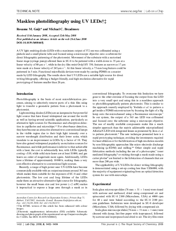 (PDF) Maskless photolithography using UV LEDs
