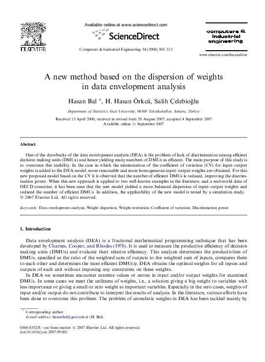 (PDF) A new method based on the dispersion of weights in data envelopment analysis