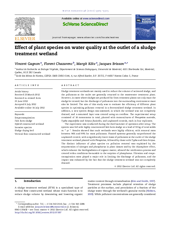 (PDF) Effect of plant species on water quality at the outlet of a ...