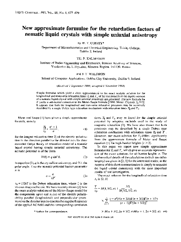 (PDF) New approximate formulae for the retardation factors of nematic ...
