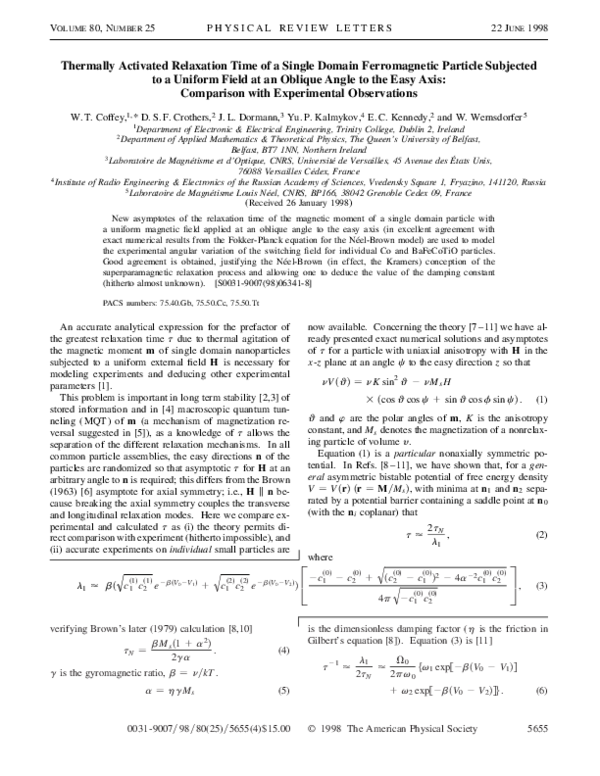 (PDF) Thermally Activated Relaxation Time of a Single Domain Ferromagnetic Particle Subjected to ...