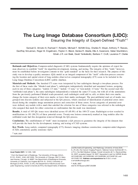 (PDF) The Lung Image Database Consortium (LIDC) | Barbara Croft and David Yankelevitz - Academia.edu