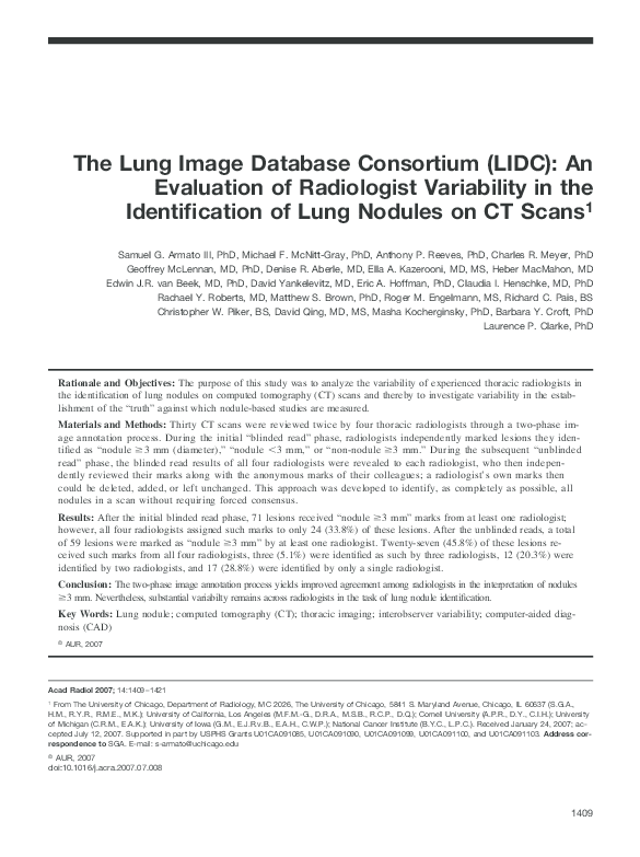 (PDF) The Lung Image Database Consortium (LIDC): An Evaluation of Radiologist Variability in the ...