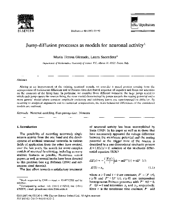 (PDF) Jump-diffusion processes as models for neuronal activity