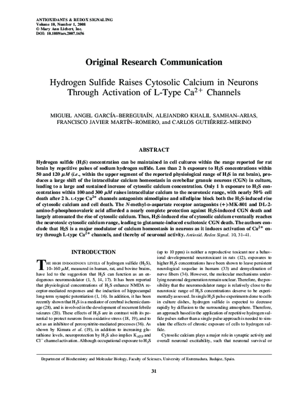 (PDF) Hydrogen Sulfide Raises Cytosolic Calcium in Neurons Through ...
