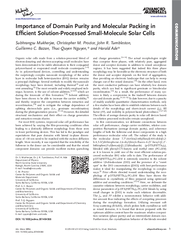 (PDF) Importance of domain purity and molecular packing in efficient solution-processed small ...