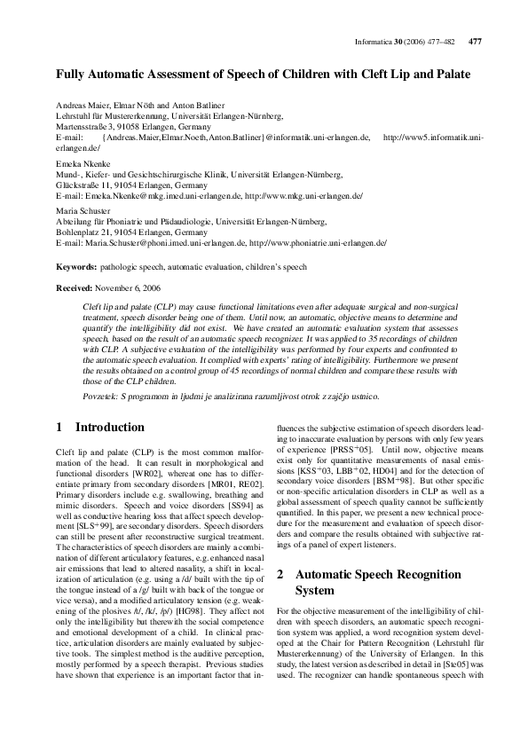 (PDF) Fully automatic assessment of speech of children with cleft lip ...