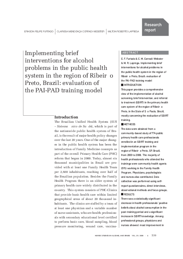(PDF) Implementing brief interventions for alcohol problems in the ...