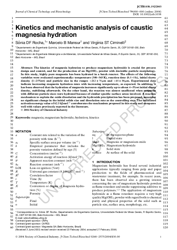 (PDF) Kinetics and mechanistic analysis of caustic magnesia hydration