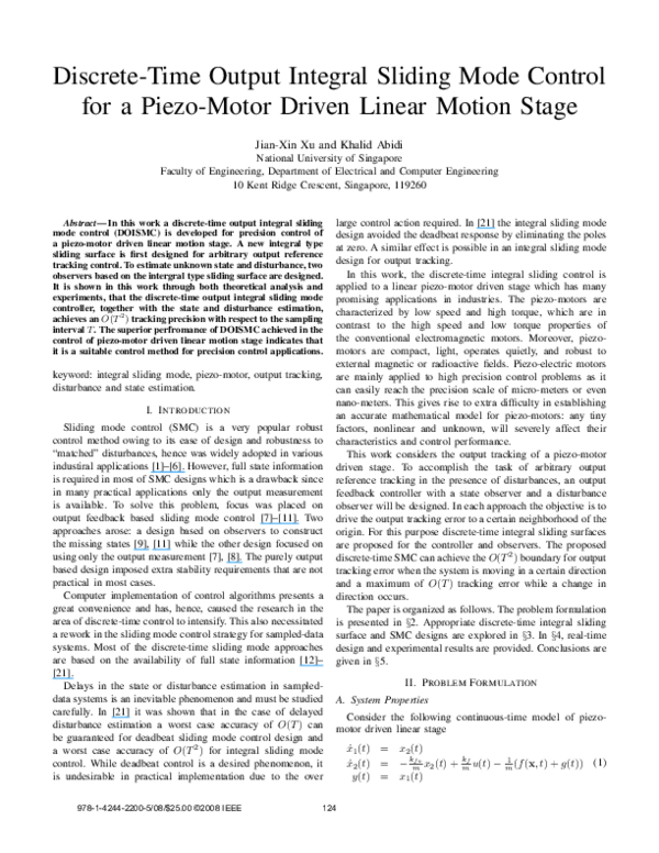 Pdf Discrete Time Output Integral Sliding Mode Control For A Piezomotor Driven Linear Motion Stage