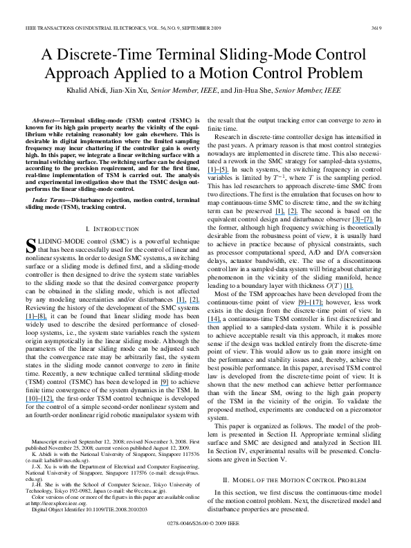 Pdf A Discrete Time Terminal Sliding Mode Control Approach Applied To A Motion Control Problem