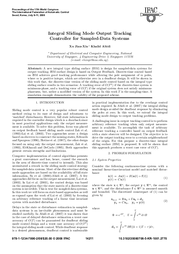 Pdf Integral Sliding Mode Output Tracking Controller For Sampled Data Systems