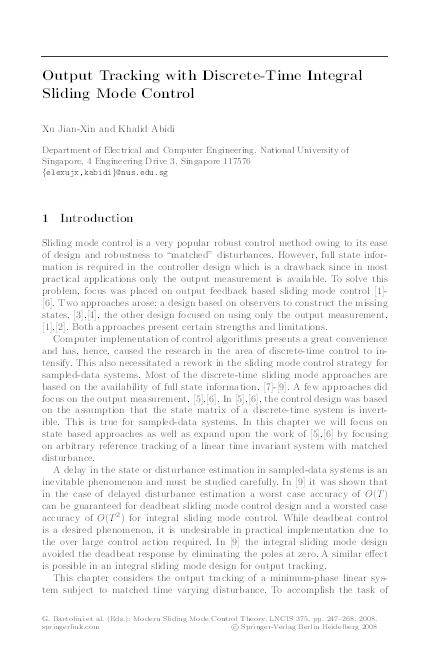 Pdf Output Tracking With Discrete Time Integral Sliding Mode Control Khalid Abidi