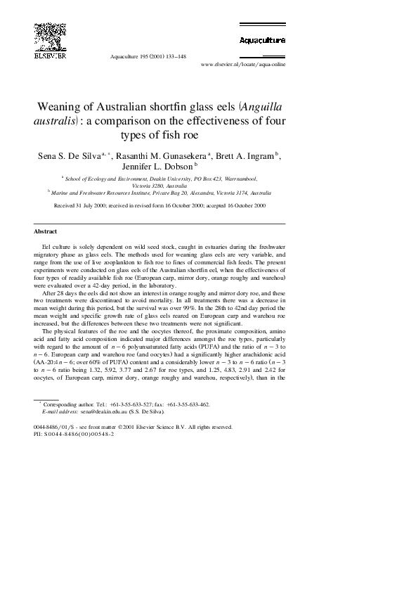 (PDF) Weaning of Australian shortfin glass eels (Anguilla australis): a ...