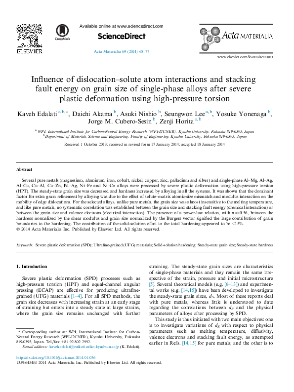 (PDF) Influence of dislocation–solute atom interactions and stacking fault energy on grain size ...