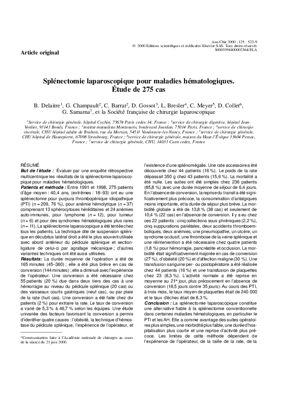 (PDF) Splénectomie laparoscopique pour maladies hématologiques.Étude de ...