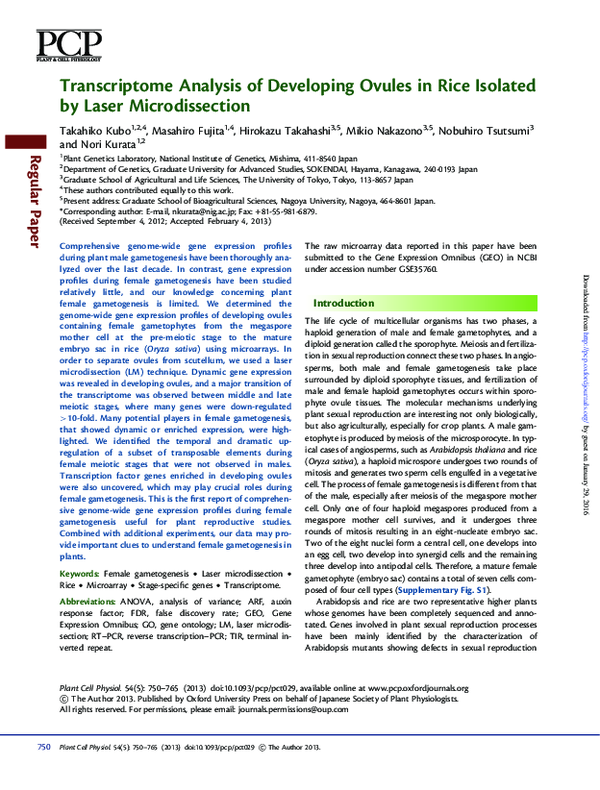(PDF) Transcriptome Analysis of Developing Ovules in Rice Isolated by ...