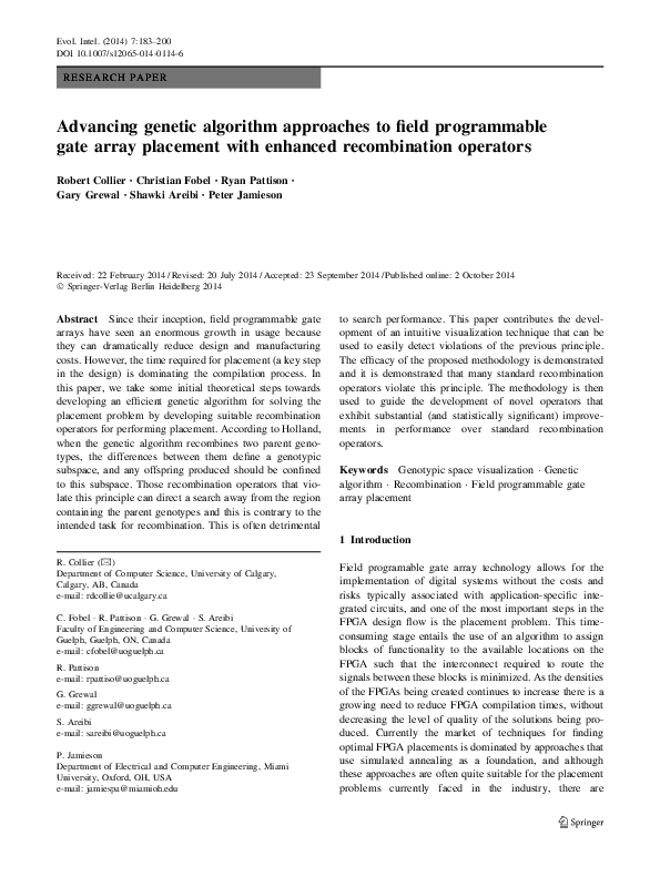 Pdf Advancing Genetic Algorithm Approaches To Field Programmable Gate Array Placement With