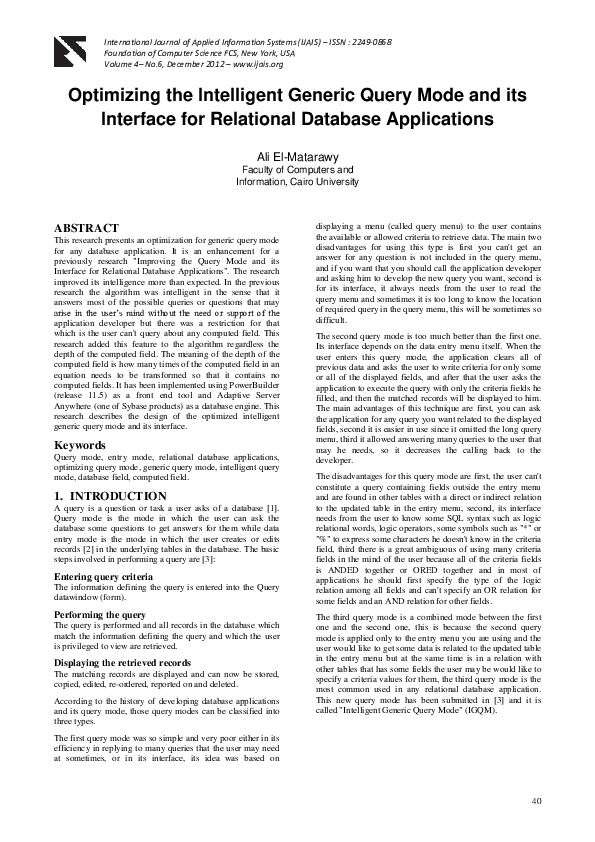 (PDF) Optimizing the Intelligent Generic Query Mode and its Interface for Relational Database ...