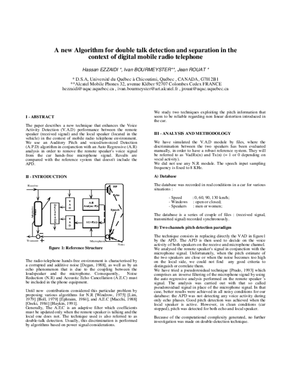Pdf A New Algorithm For Double Talk Detection And Separation In The Context Of Digital Mobile