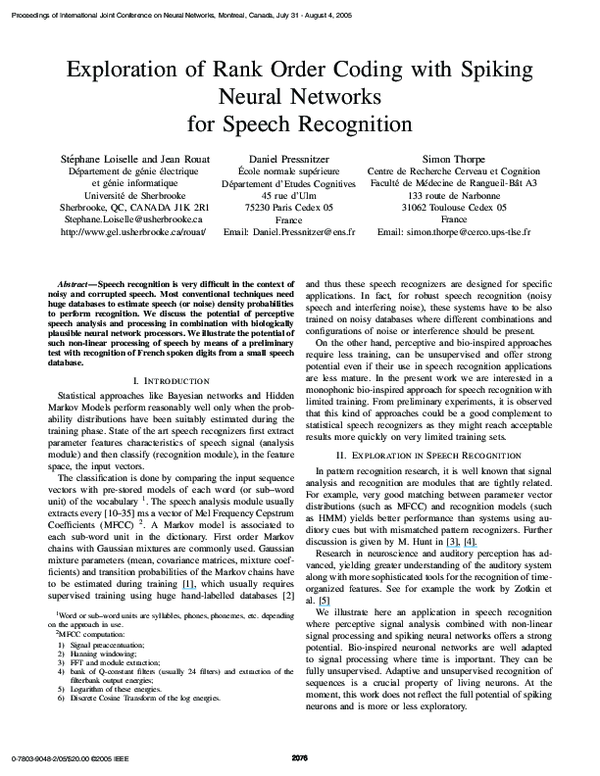 (PDF) Exploration of rank order coding with spiking neural networks for ...