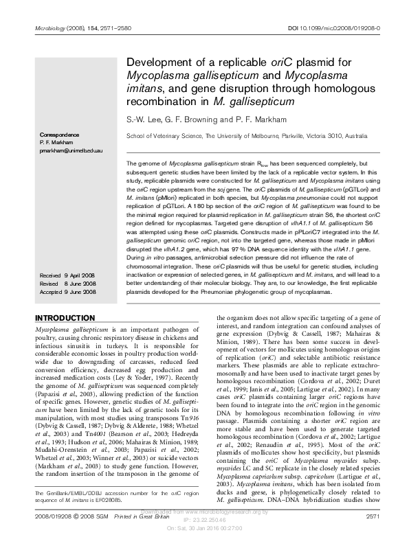 (PDF) Development of a replicable oriC plasmid for Mycoplasma gallisepticum and Mycoplasma ...