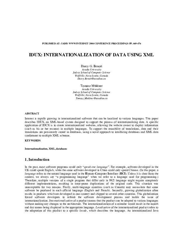 (PDF) IDUX: Internationalization of Data Using XML | Darcy Benoit ...