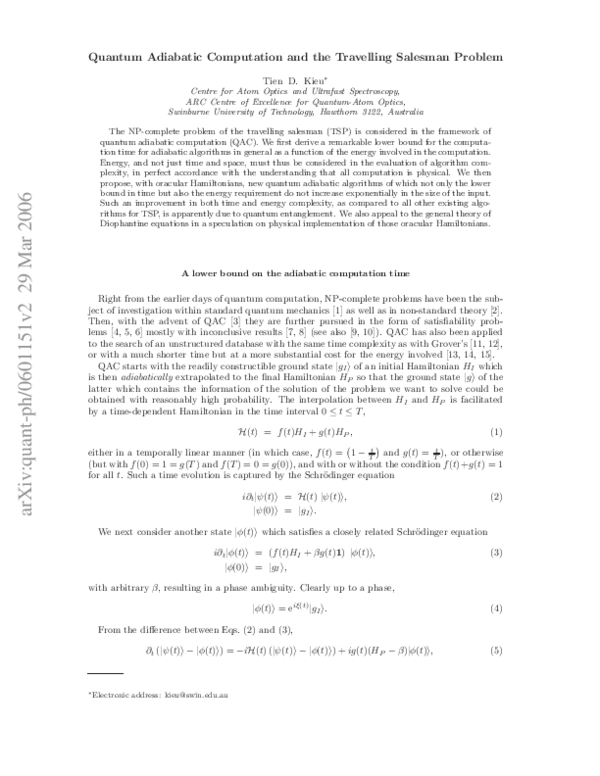 (PDF) Quantum adiabatic computation and the travelling salesman problem