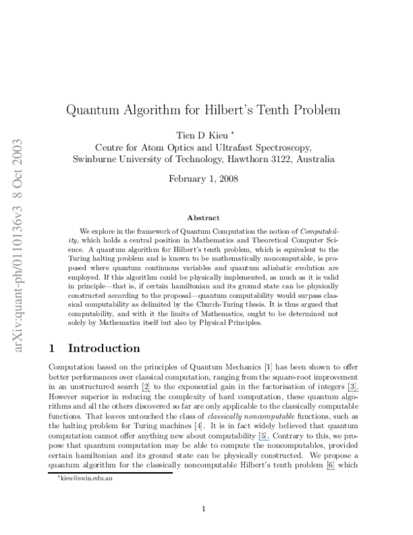 (PDF) Quantum Algorithm for Hilbert's Tenth Problem