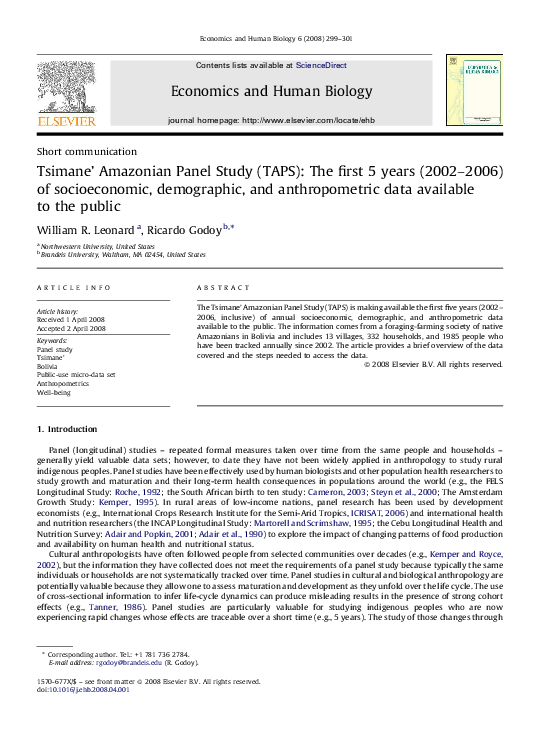 Tsimane’ Amazonian Panel Study (TAPS): The first 5 years (2002–2006) of ...