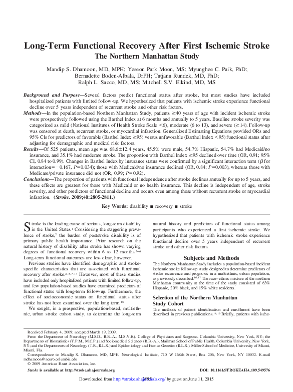 (PDF) Long-Term Functional Recovery After First Ischemic Stroke: The ...