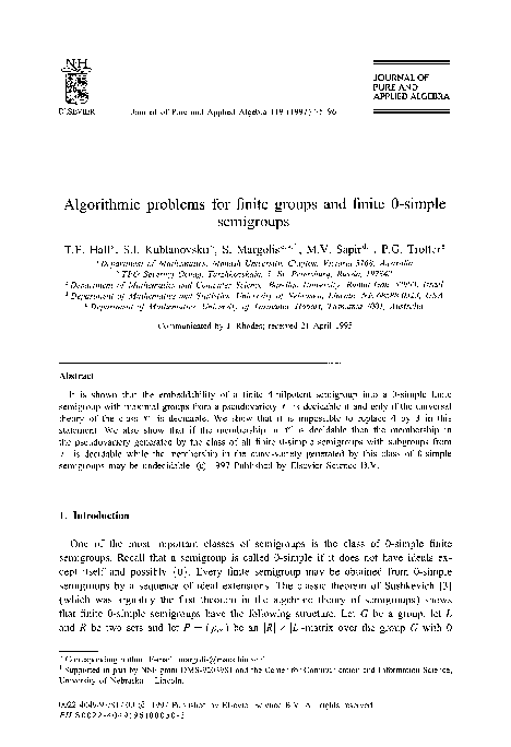 Pdf Algorithmic Problems For Finite Groups And Finite 0 Simple Semigroups
