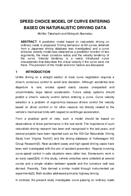 (PDF) SPEED CHOICE MODEL OF CURVE ENTERING BASED ON NATURALISTIC ...
