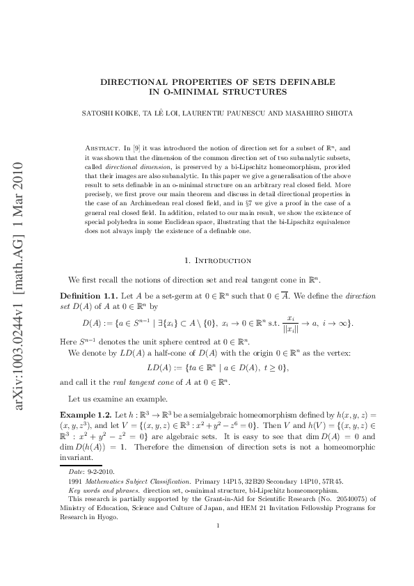(PDF) Directional properties of sets definable in o-minimal structures