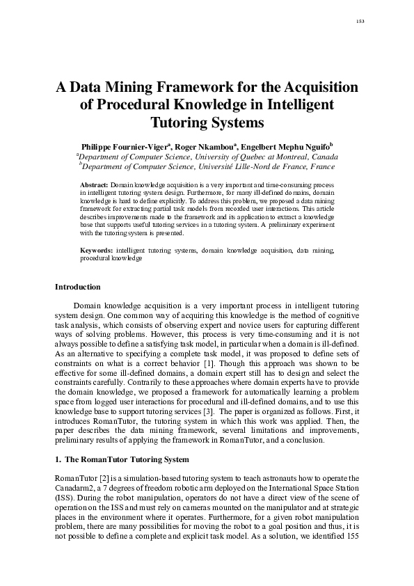 (PDF) A Data Mining Framework for the Acquisition of Procedural Knowledge in Intelligent ...